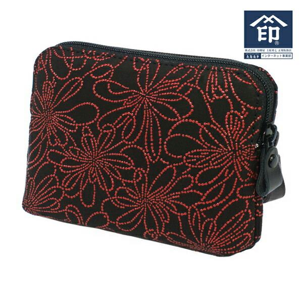印傳屋（INDEN-YA） 印伝 甲州印伝 上原勇七 小物ポーチ 化粧ポーチ 4409 線菊小 黒地×赤漆 鹿革 本革 レザー 和柄 ブランド 冬ギフト クリスマス 贈り物 YM01 : 丸島 ...