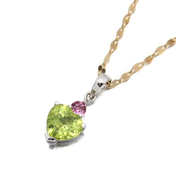 K18WG/YG ハートモチーフ ペリドット ピンクトルマリン ネックレス 60cm PD1.31ct PT0.12ct ゴールド750 スライドチェーン ジュエリー : 48175 : 質 ...