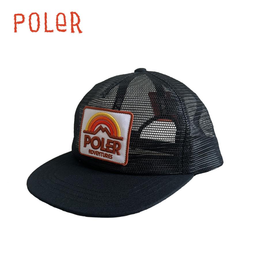 POLeR ポーラー キャップ フルメッシュキャップ POLER FULL MESH CAP BLACK フラットバイザー 帽子 サイズ調節可 フリーサイズ 刺繍ロゴ ブラック 刺繍 ロゴ ...