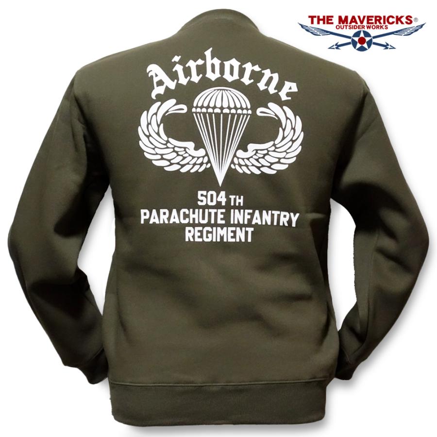 ミリタリー スウェット トレーナー THE MAVERICKS ブランド メンズ 長袖 10oz 裏起毛 AIRBORNE エアボーン パラシュート部隊 オリーブドラブ ...