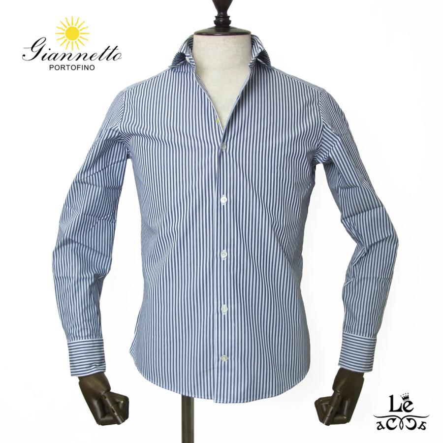 GIANNETTO ジャンネット ストライプ シャツ 長袖 giannetto コットン カッタウェイ VINCI FIT 背ダーツ ブルー ホワイト イタリア ブランド 国内正規品 : レ ...