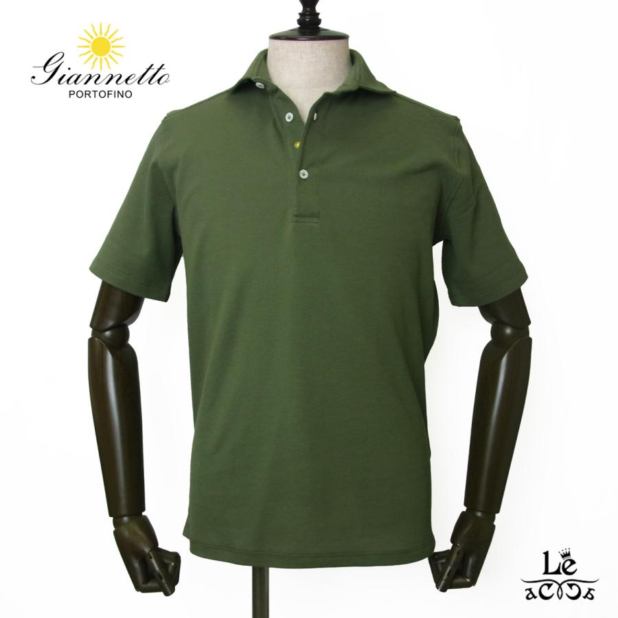 GIANNETTO giannetto ジャンネット 鹿の子 ポロシャツ コットンストレッチ クラシック メンズ オリーブ グリーン 半袖 カッタウェイ 台襟 イタリア 国内正規品 送料無料 ...