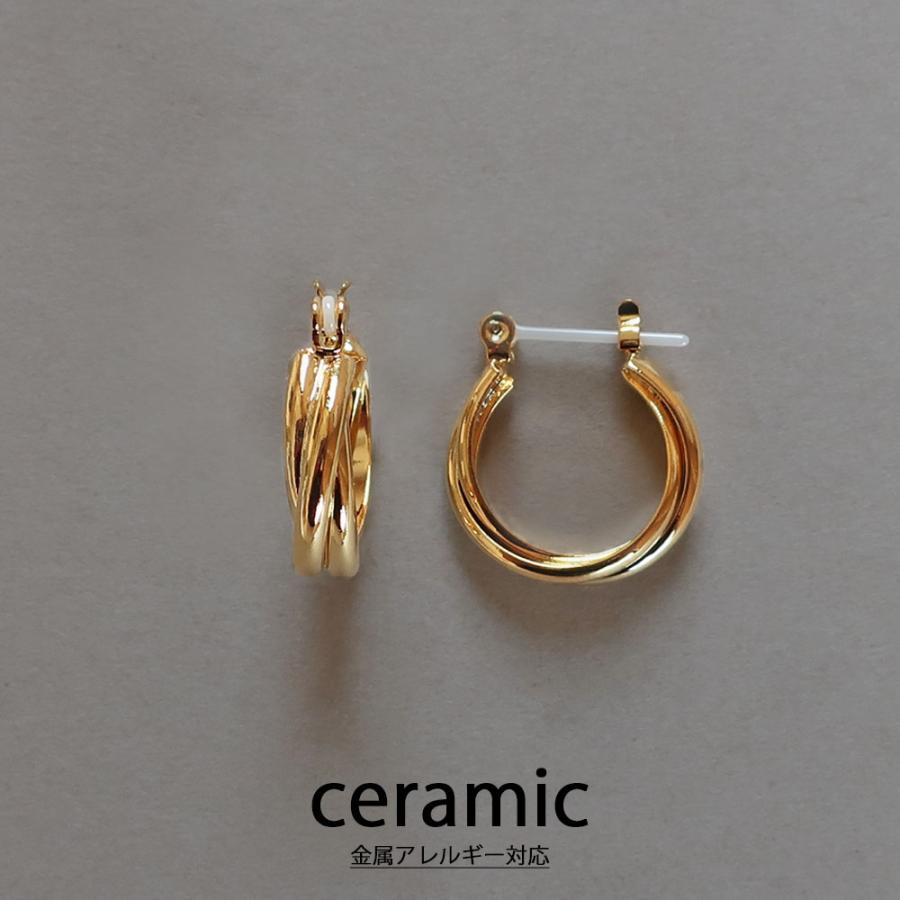 Melody Accessory 20%OFF クーポンSALE ピアス セラミック トリニティ K18GP フープピアス 金属アレルギー対応 キャッチレス シンプル ゴールド アクセサリー ...