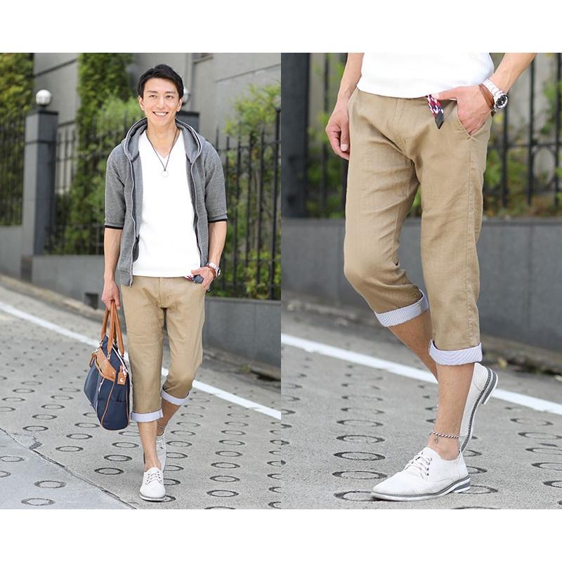 裾裏ストライプ綿麻ベルト付きクロップドパンツ :76-9233-730:MENZ-STYLE Yahoo!店 - 通販 - Yahoo!ショッピング