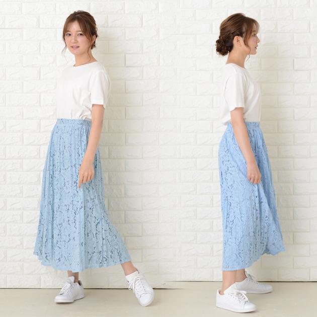 プリーツスカート 総レース スカート フラワーレース ロング丈 プリーツスカート 総レース スカート フラワーレース ロング丈