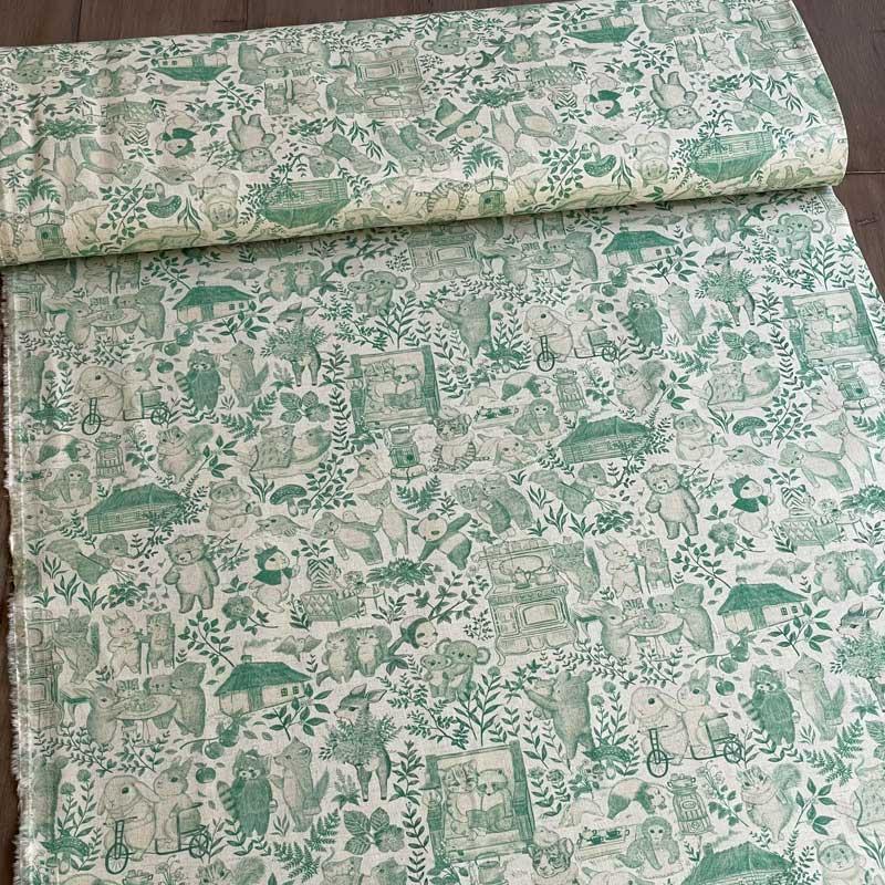 yukiemonユキエモン「冬支度」 綿麻シーチング生地デジタルプリント グリーン/ピンク/ブラウン(松浦由起江さんデザイン 22fabric 商用利用OK)DP-4855-1 : リバティ ...