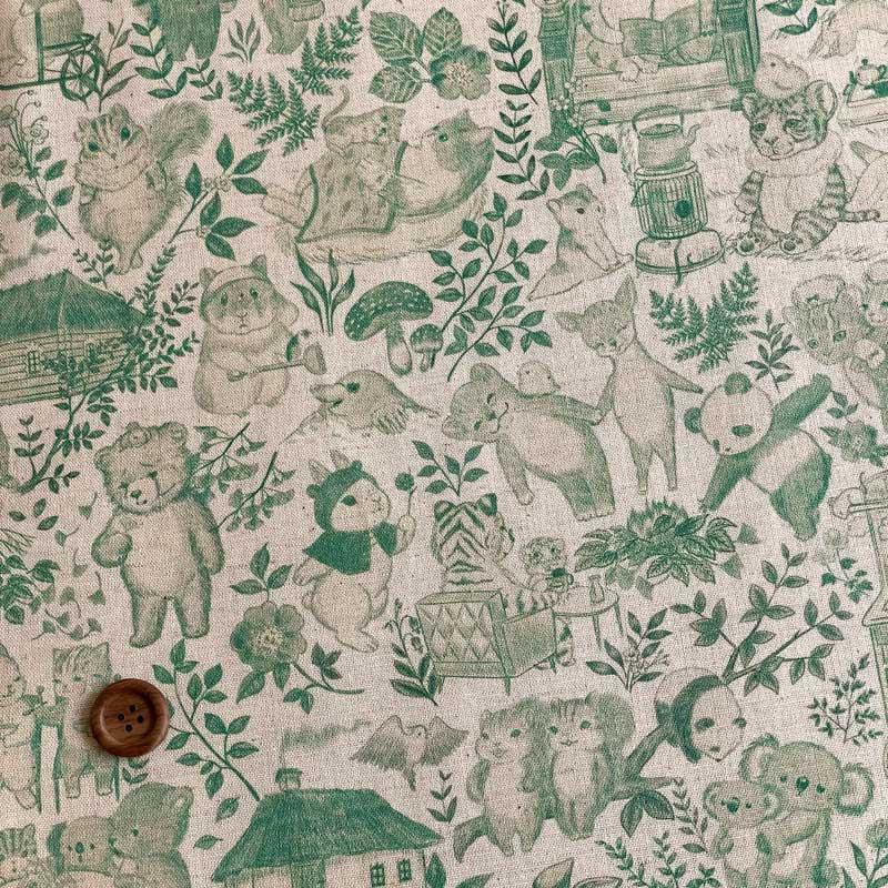 yukiemonユキエモン「冬支度」 綿麻シーチング生地デジタルプリント グリーン/ピンク/ブラウン(松浦由起江さんデザイン 22fabric 商用利用OK)DP-4855-1 : リバティ ...