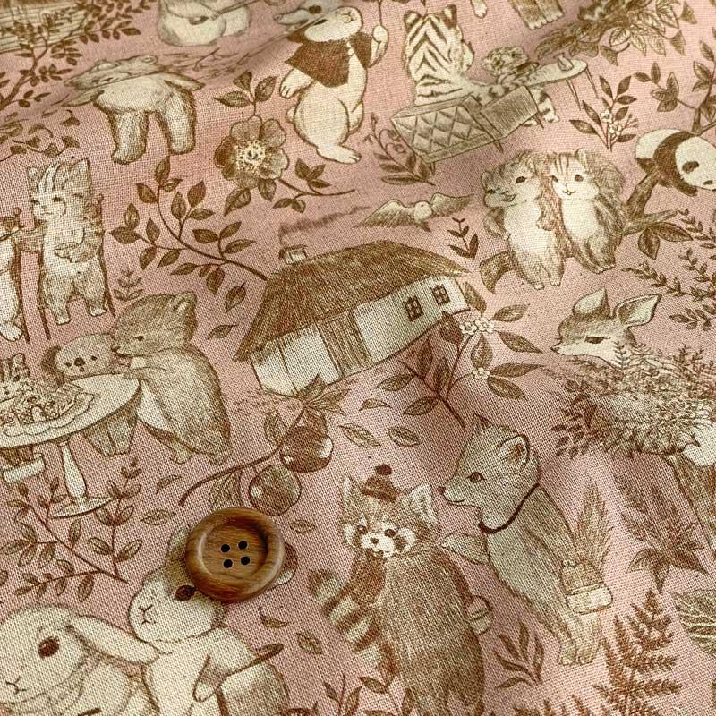 yukiemonユキエモン「冬支度」 綿麻シーチング生地デジタルプリント グリーン/ピンク/ブラウン(松浦由起江さんデザイン 22fabric 商用利用OK)DP-4855-1 : リバティ ...