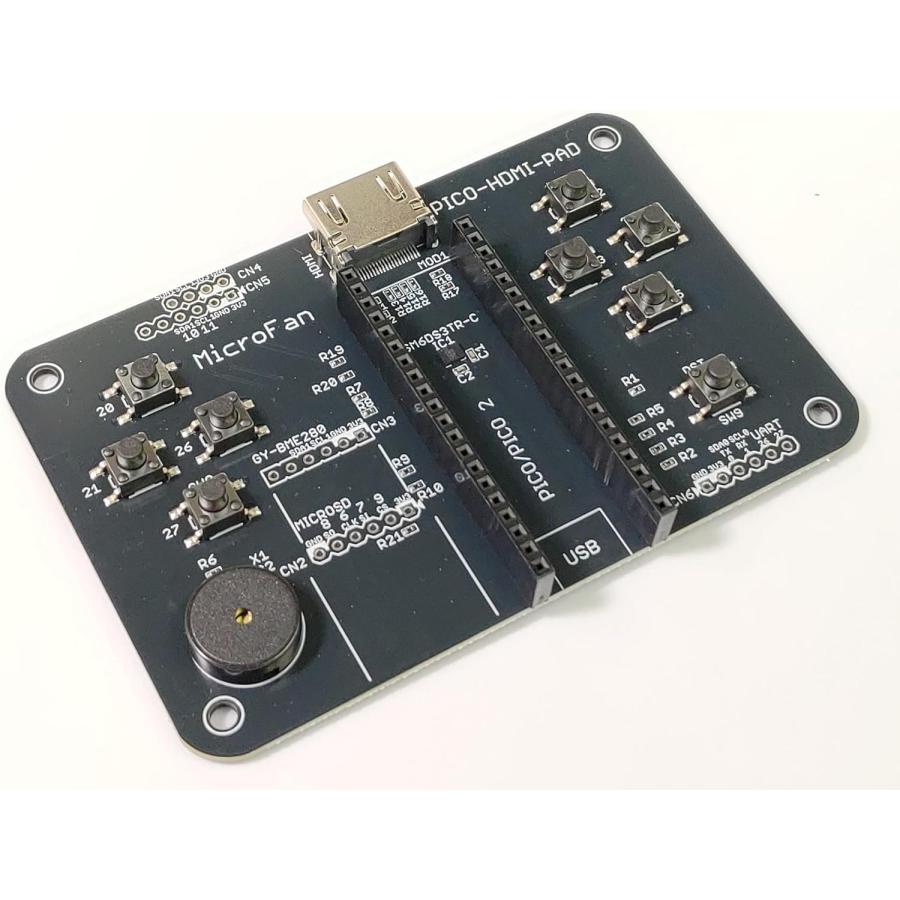 PICO-HDMI-PAD (PicoDVI対応: Raspberry Pi PICO/PICO W/PICO 2用HDMIコネクタ基板) 加速度センサー、タクトスイッチx8、圧電スピーカー ...