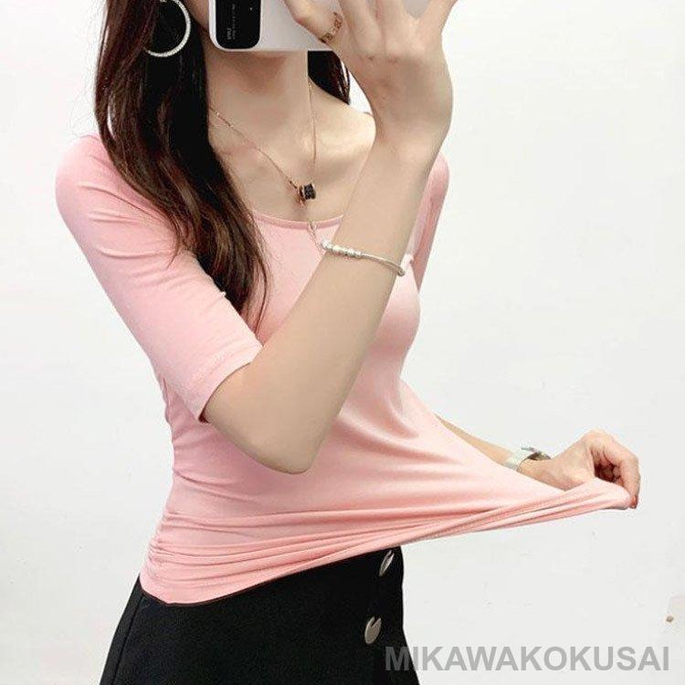 tシャツ レディース 春 秋 夏 ベーシック Tシャツ 5分袖 カットソー Uネック 無地 スリム インナー シンプル : 三川国際ショップ - 通販 - Yahoo!ショッピング