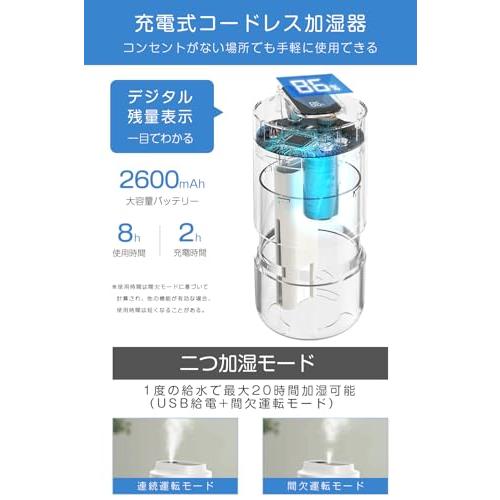 加湿器 卓上 小型 超音波加湿器 【2025冬モデル&抗菌鋼板&LCDデジタル残量表示】 USB充電式 コードレス 2600mahバッテリー内蔵 : MikuRokoShop - 通販 ...