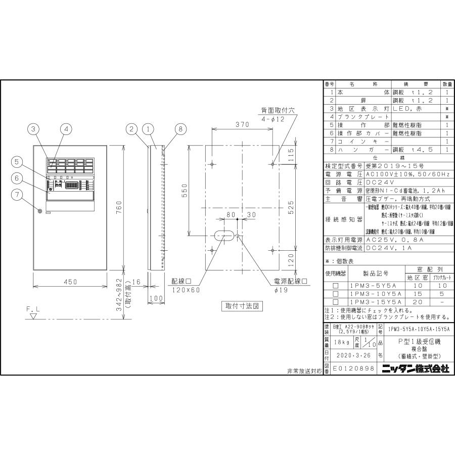 NITTAN 【1PM3-5Y5A】P型1級複合受信機（蓄積式）壁掛型（非常放送対応）ニッタン製【自動火災報知設備】 : 命一番堂 - 通販 - Yahoo!ショッピング