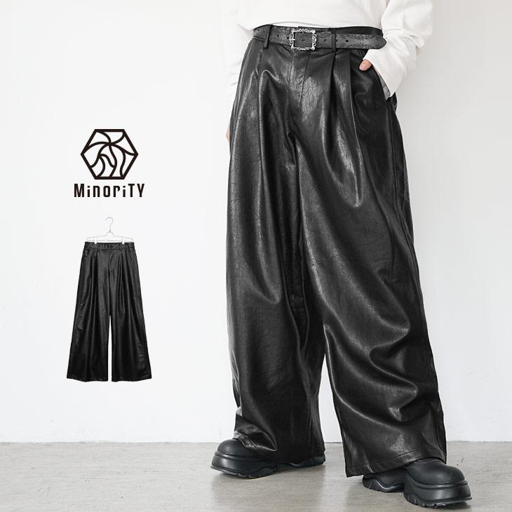 MinoriTY ワイドパンツ メンズ バギーパンツ レザー ヴィンテージ風 防汚 ビッグシルエット ウエストゴム タック ワイドシルエット マイノリティ minority ...