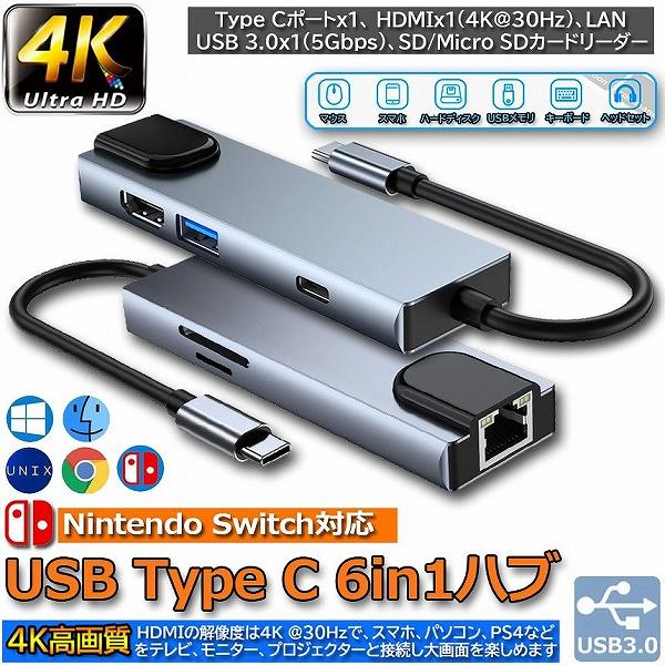 USB TypeC ハブ 6 in 1 Nintendo Switch対応 4K＠30Hz 有線LAN アダプター USBC HDMI LANポート 送料無料 : 未来ネットワーク - 通販 ...