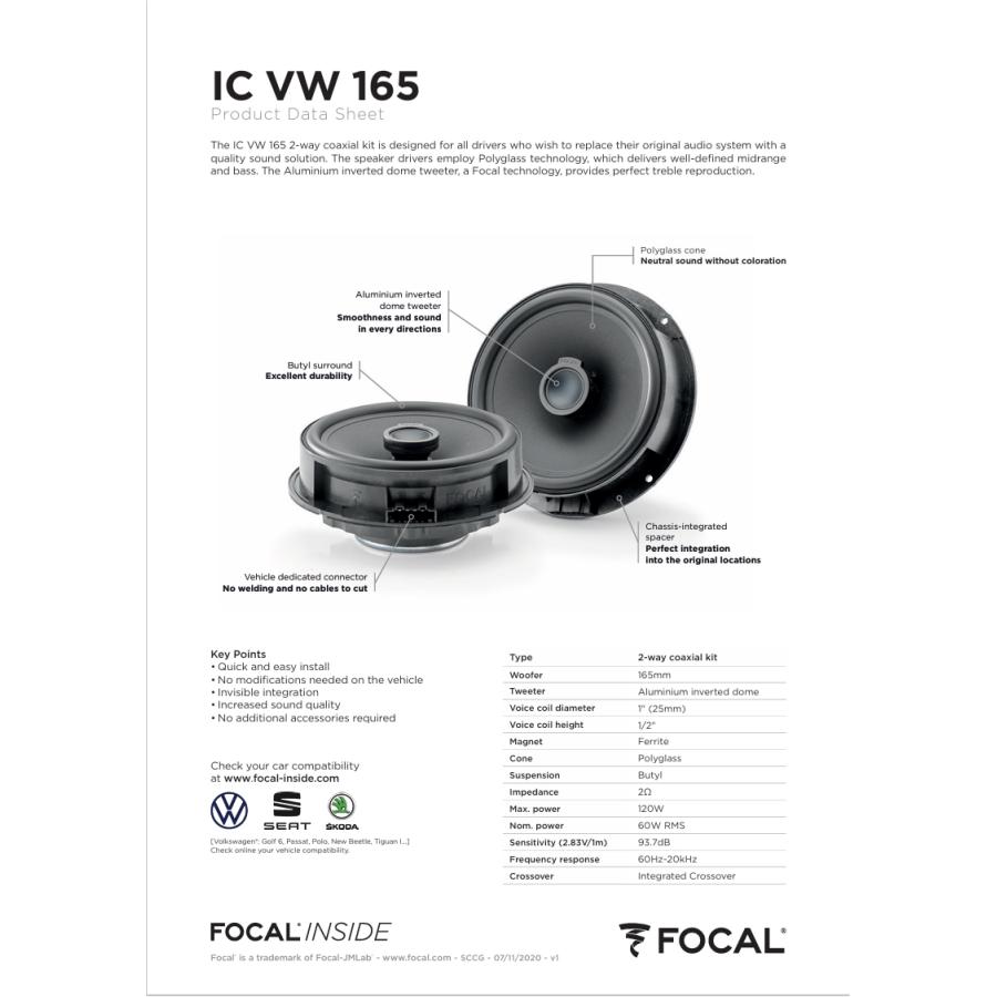 FOCAL（フォーカル）2WAYコアキシャルスピーカー 165mm フォルクスワーゲン車専用 IC VW 165 : icvw165-vw : 未来志向 - 通販 - Yahoo!ショッピング
