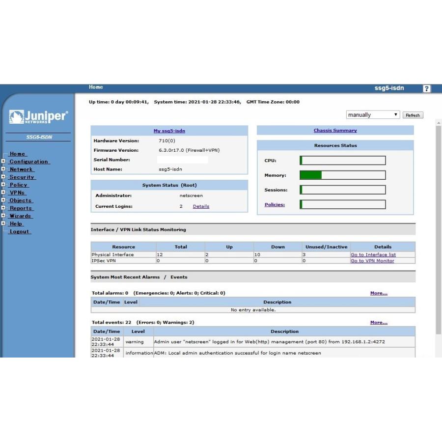 JUNIPER NETWORKS SSG5 UTMアプライアンス 256MB 2台 中古 SSG-5-SH-BT 6.3.0r17.0 ...