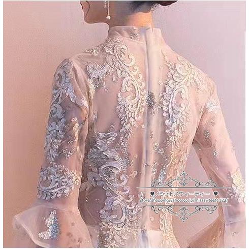 カラードレス ロングドレス パーティードレス 発表会 演奏会 ステージドレス コンクール イブニングドレス フォマール シャンパン 立ち襟 6分袖 袖付き カラードレス ロングドレス パーティードレス 発表会 演奏会 ステージ