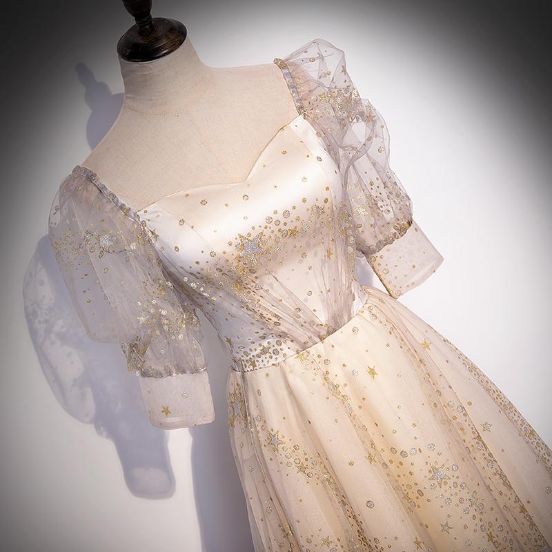 カラードレス 編み上げ シャンパン 半袖 ステージドレス ロングドレス