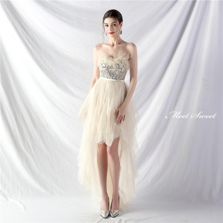 カラードレス フィッシュテールドレス 前短後長ドレス ベアトップ ミニ