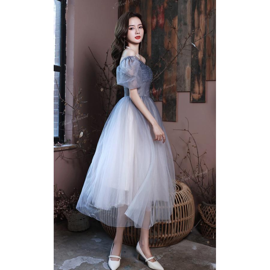 カラードレス ミディアム丈 ロング丈 ブルー パフスリーブ 二次会 ウェディングドレスドレス 挙式 演奏会 結婚式 音楽会 発表会 大人 トレンド パーティードレス : ミットスウィーティー ...