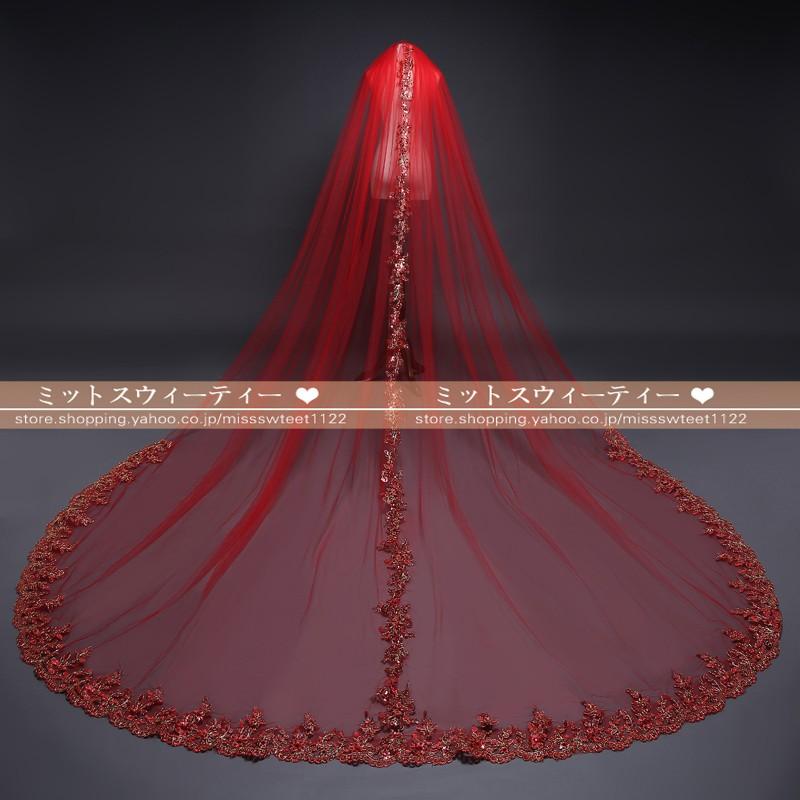 カラー ウエディングベール 赤 安い ロング ブライダル 結婚式ベール