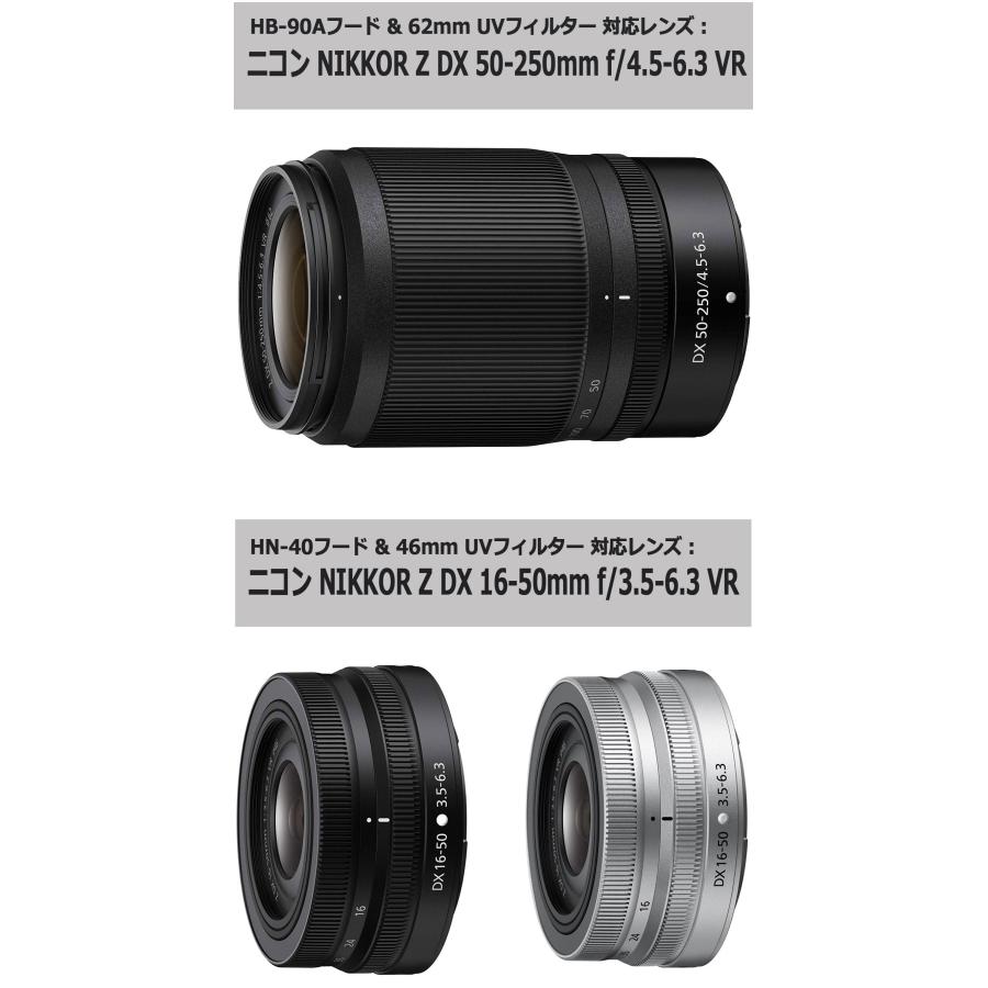 NinoLite HB-90A & HN-40 フード + 62mm & 46mm UVフィルター 計4点のセット、Z DX 50-250mm f/4.5-6.3 VR 、Z DX 16 ...