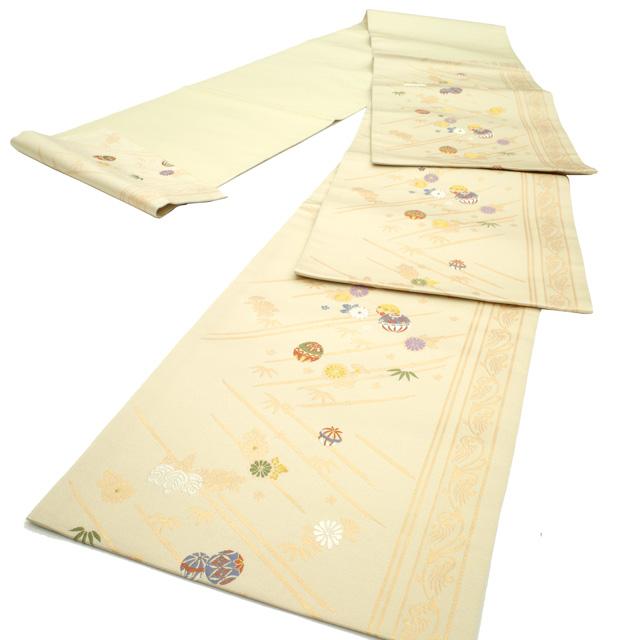 すごい値！袋帯 京都 西陣 正絹 クリームベージュ地 鞠 まり マリ 菊 竹 桐 金糸 六通柄 中古 フォーマル 仕立て上がり みやがわ neb00761 : 特選 着物 帯 みやがわ ...