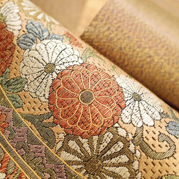 大正浪漫の菊の袋帯〉織り出し 黄緑 古典柄 乱菊 白系 金糸銀糸 大正浪漫の菊の袋帯〉織り出し 黄緑 古典柄 乱菊 白系 金糸銀糸