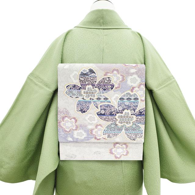袋帯 京都 西陣 正絹 変わり織 ライトグレー 紫 紺 桜 花唐草 BANKANわものや 扱い フォーマル 新古品 仕立て上がり みやがわ sb51827 : sb51827 : 特選 着物 ...