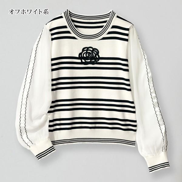 プルオーバー トップス レディース おしゃれ 春夏 ミセス シニア ファッション 40代 50代 60代 70代 シアー袖ボーダー ニット ...