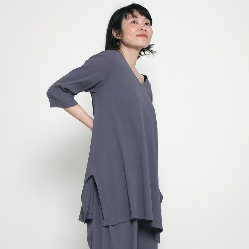 ギフト 五感 gokan 高島ちぢみ プルオーバー チュニック丈 グレー/パープル 綿100％ M〜Lサイズ 7分袖 日本製 ブラウス レディース 婦人服 おしゃれ :g5567:宮田織物 ...