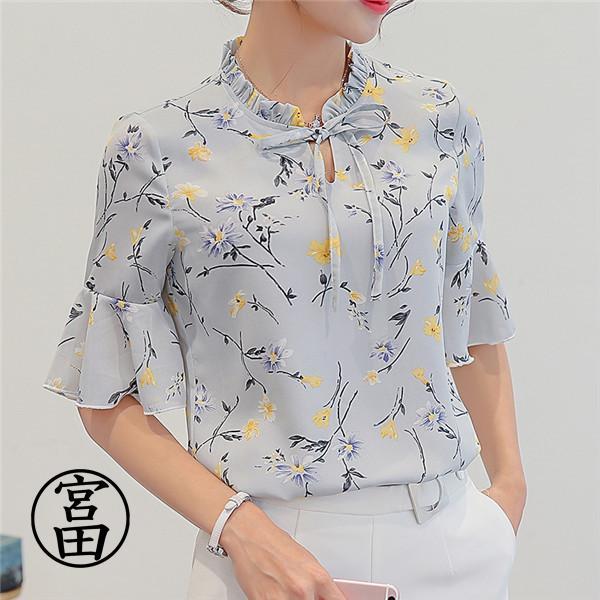 ブラウス 半袖 シャツ フリル 夏 トップス フレア クルーネック 通勤 花柄 リボン レディース 丸首 フレア 大きいサイズ カジュアル 体型カバー オフィス :nk-jp153:宮田屋雑貨 ...