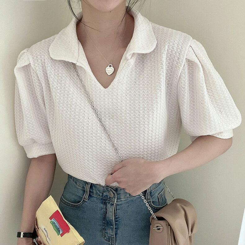 ブラウス レディース 半袖 韓国 ワッフル生地 ジョニーカラー