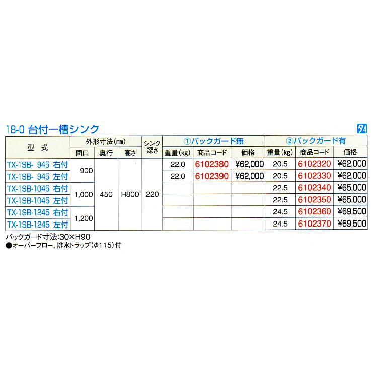 18-0 台付一槽シンク（バックガード付）TXA-1SB-1045 右付 : e6102340 : 水回り厨房の五輪 - 通販 - Yahoo ...