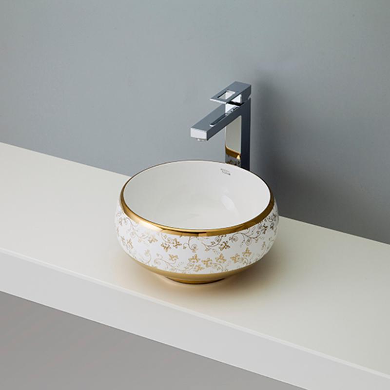 洗面ボウル おしゃれ 置き型 陶器 洗面器 洗面台 mizunohana セット 配管付き B046 幅31cm 高さ15.5cm 小型 小さめ 丸型 ゴールド 高級感 和風 インテリア ...