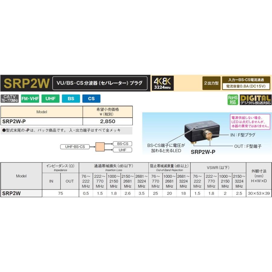 マスプロ 4K・8K衛星放送（3224MHz）対応 VU/BS・CS分波器（セパレーター）プラグ SRP2W-P (SRP2-P 後継品) : Q’s Yahoo!ショップ - 通販 ...