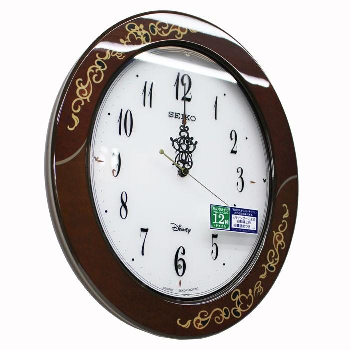 SEIKO セイコー 大人ディズニー ミッキー＆ミニー 電波掛け時計 木枠 チャイム 鳥の鳴き声 楕円 茶唐草模様光沢塗装 FS510B ...