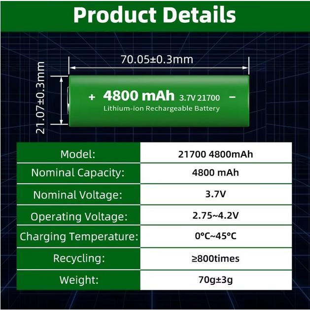 大容量リチウムイオンバッテリー Lii-48S 21700 3.7V 4800mAh 9.6A フラットトップ リチウムイオン電池 充電池 ...