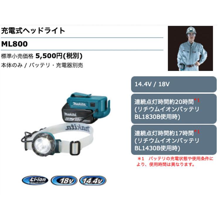マキタ マキタ ML800 充電式LEDヘッドライトライト 14.4V/18V対応 （本体のみ：バッテリ・充電器別売） : モノえーる ...