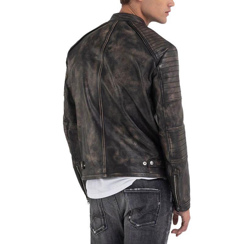 (リプレイ/REPLAY)LEATHER BIKER JACKET WITH SPRAY PRINT レザージャケット 山羊革 ...