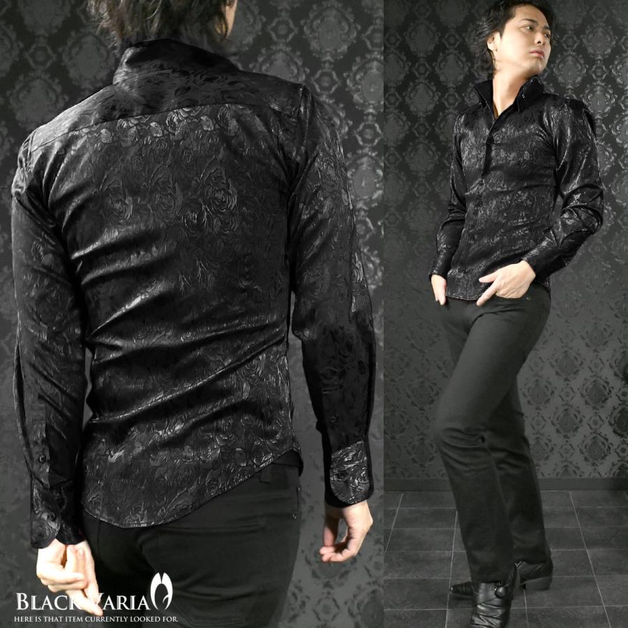 BLACK VARIA（ブラックバリア） サテンシャツ スワロフスキー釦 ドレスシャツ スキッパー 花柄 薔薇 ジャガード ボタンダウン ...