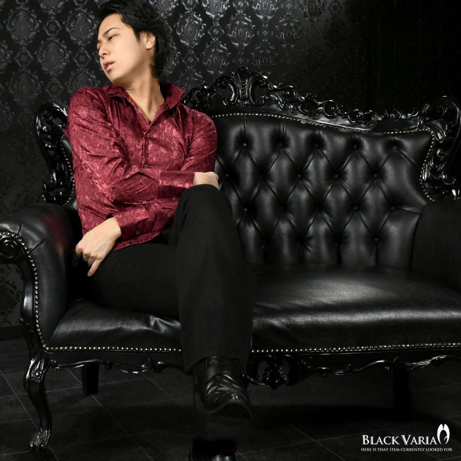 BLACK VARIA BlackVaria サテンシャツ スワロフスキー釦 ドレスシャツ スキッパー 花柄 薔薇 ジャガード ボタンダウン ...