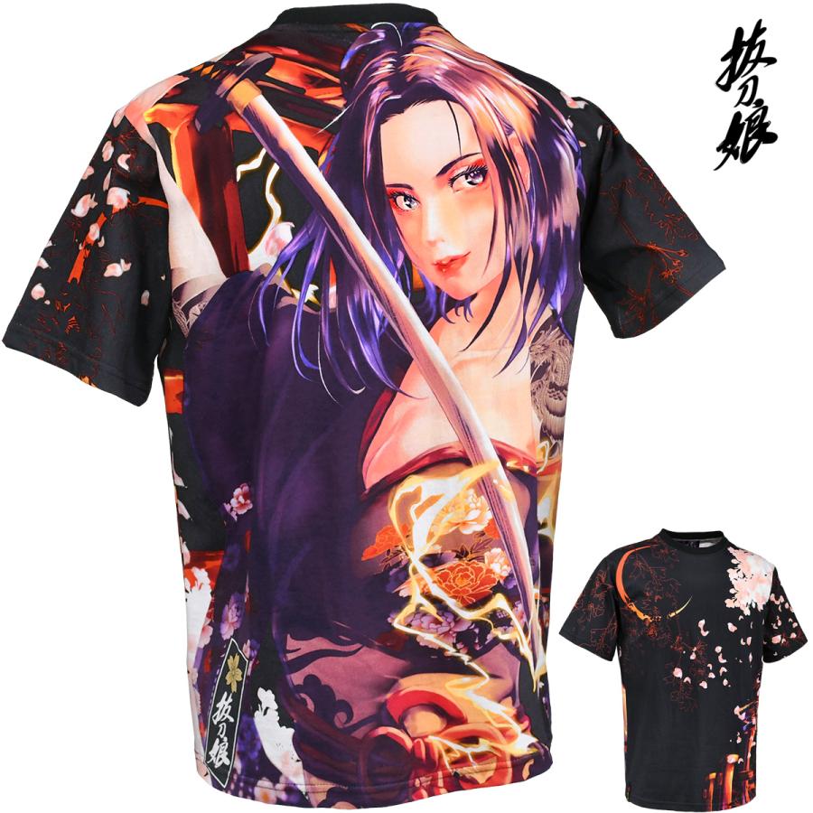 抜刀娘 ばっとうむすめ 美麗 MIREI 和柄 クルーネック 葵 妃那 半袖 Tシャツ メンズ(葵 日本刀) 232838 : BLACK ...