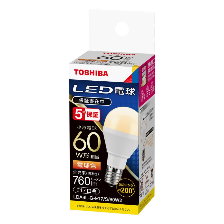 TOSHIBA 東芝 LDA6L-G-E17/S/60W2 LED電球 ミニクリプトン形 電球色 760lm 小形電球60W形相当 配光角約200度 E17口金 密閉形・断熱材施工器具対応 ...