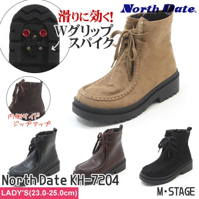 NORTH DATE ノースデイト レディース 防滑 防寒 サイドジップブーツ 4カラー ミドル丈 ハーフ丈 反転式スパイク付き 滑りにくい 撥水 ウィンターブーツ 雪道 冬用 : M ...