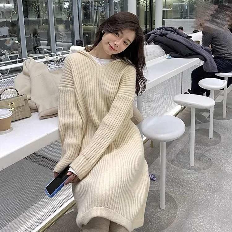 レディース ロングワンピース ロング ニット 秋冬 春 vネック ワンピース 長袖 無地 フード付き 大きいサイズ ゆったり プルオーバー ニットワン : ikawa554245 : エムエス ...