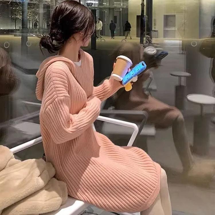 レディース ロングワンピース ロング ニット 秋冬 春 vネック ワンピース 長袖 無地 フード付き 大きいサイズ ゆったり プルオーバー ニットワン : ikawa554245 : エムエス ...