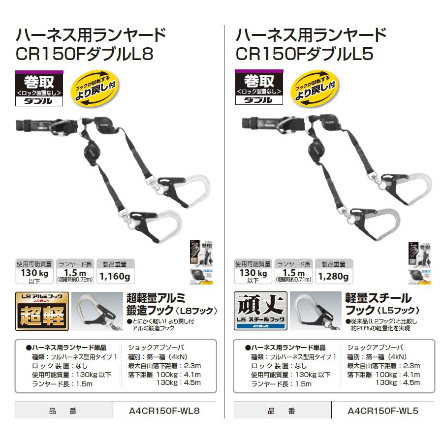 Tajima タジマ ハーネス用ランヤード ダブル CR 業界最軽量1160g A4CR150F-WL8 使用可能質量130kg 小型 軽量 ランヤード 長さ調節可能 巻取式 ...