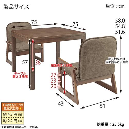 NGM-N75DLH-FBR ユアサプライムス YUASA おふたり様こたつ なごみツイン 75×75cm お二人様用 こたつ・椅子2脚・布団4点セット : ngm-n75dlh-fbr ...