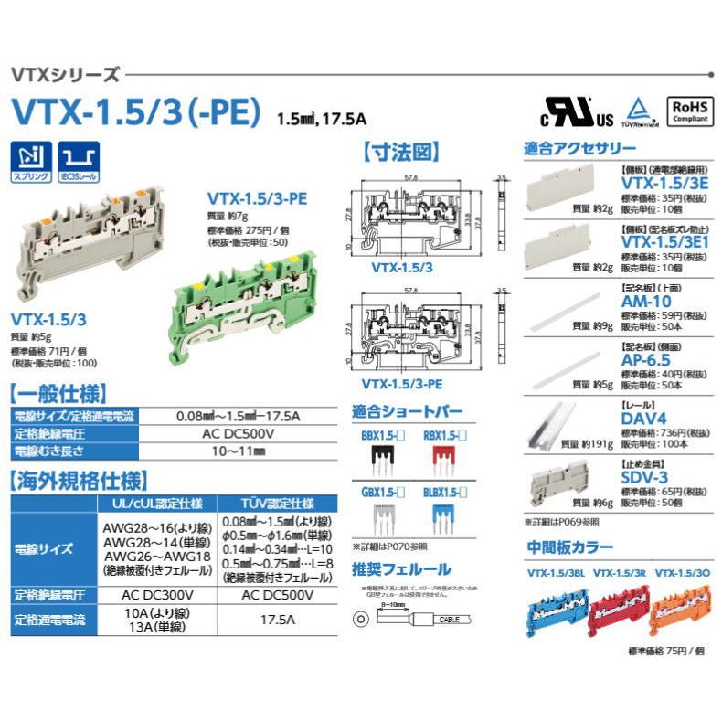 東洋技研 【 VTX-1.5/3 】VTXシリーズ 端子台 / レール取付型 スプリングロック式端子台【100個入り】 : エヌデンサービス ...